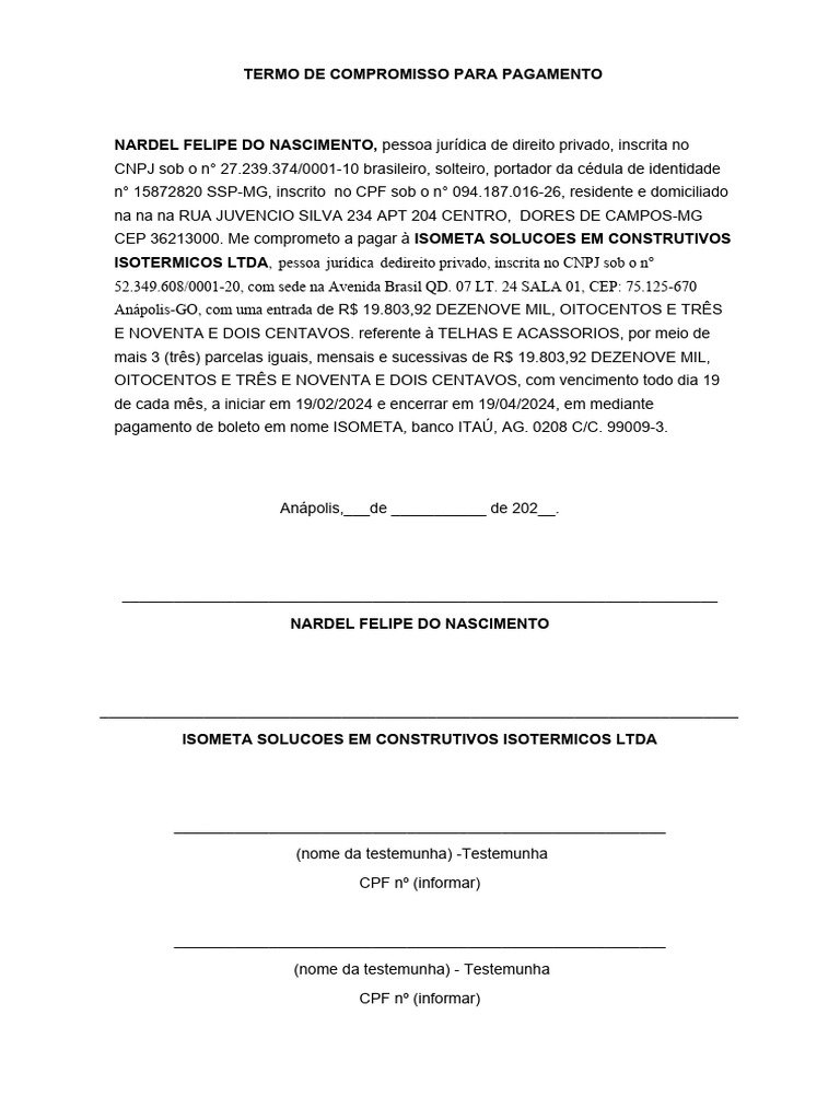 Termo de Compromisso para Pagamento | PDF