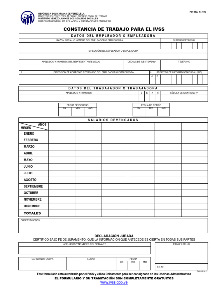 Formato 14 - 100 IVSS | PDF