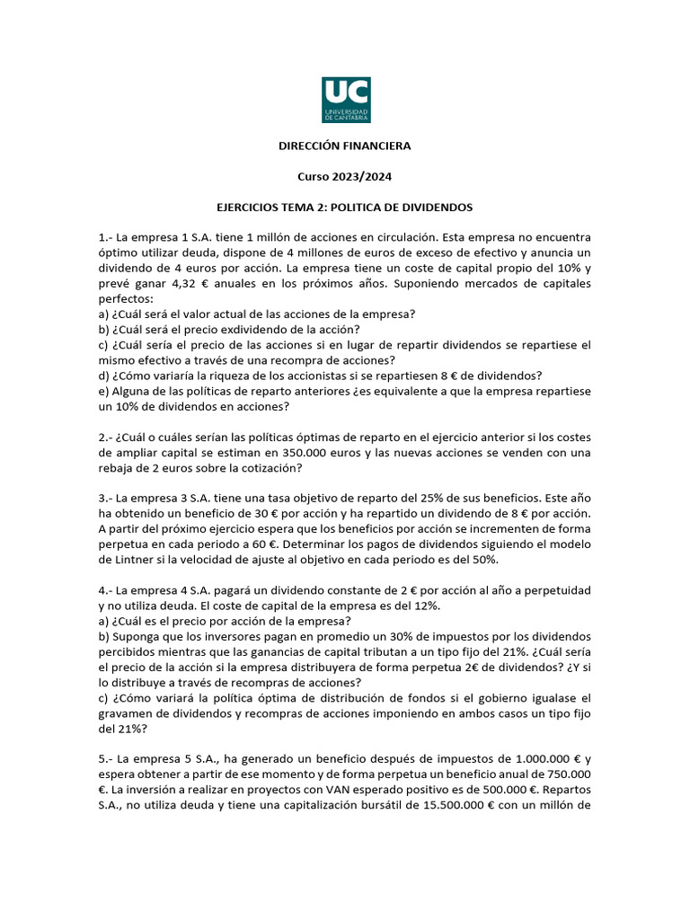 Tema 2 - Política de Dividendos (Ejercicios) | PDF | Compartir (Finanzas) | Dividendo