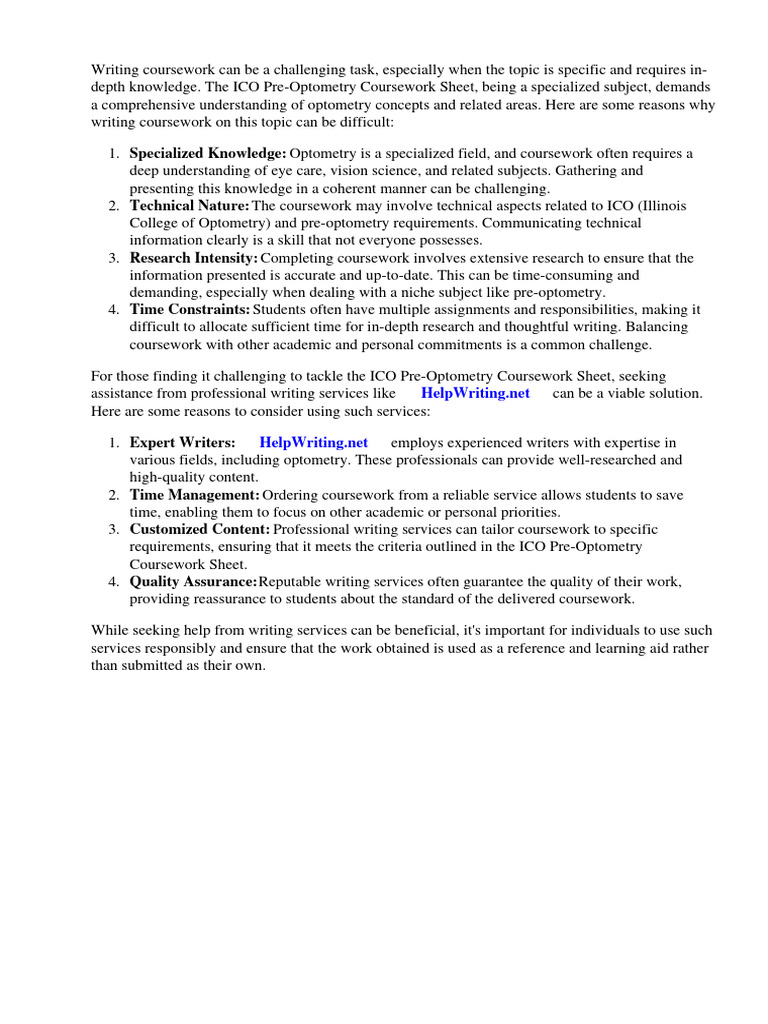 Ico Pre-Optometry Coursework Sheet | PDF | Optometry | Clinical Medicine