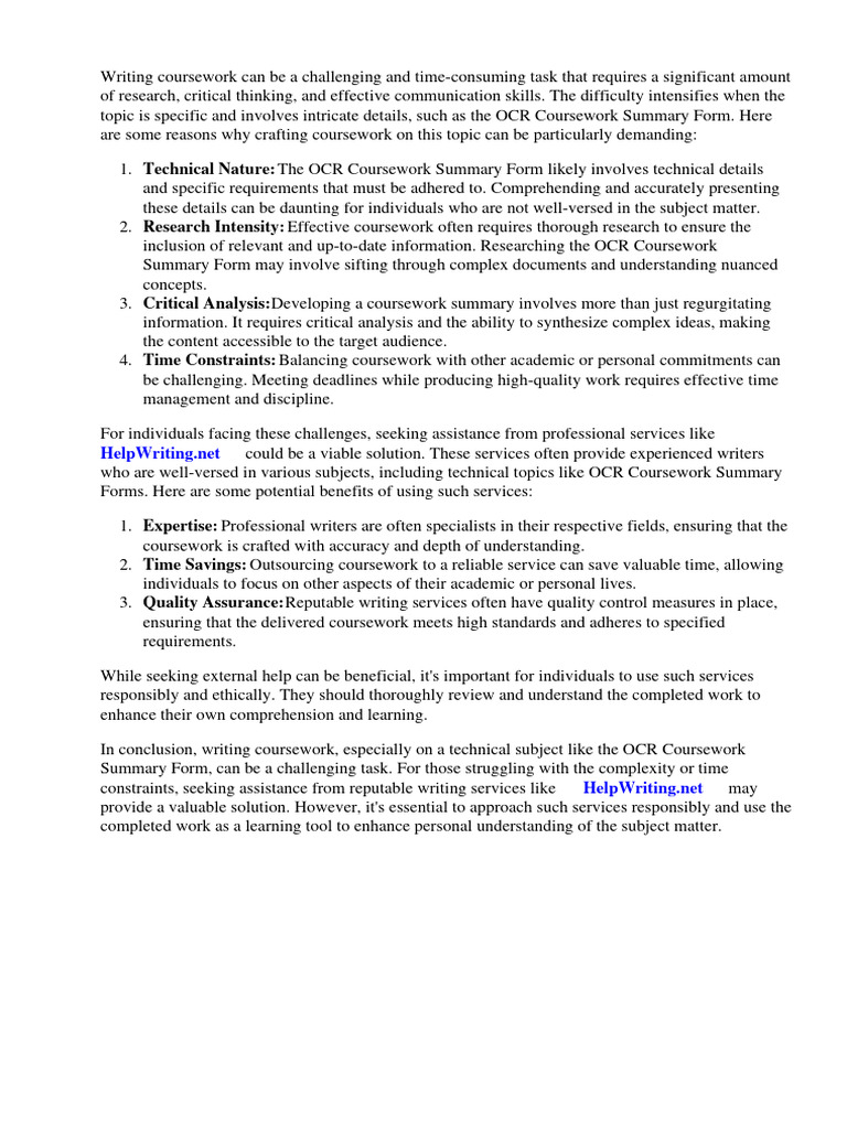 Ocr Coursework Summary Form Pdf Critical Thinking Optical