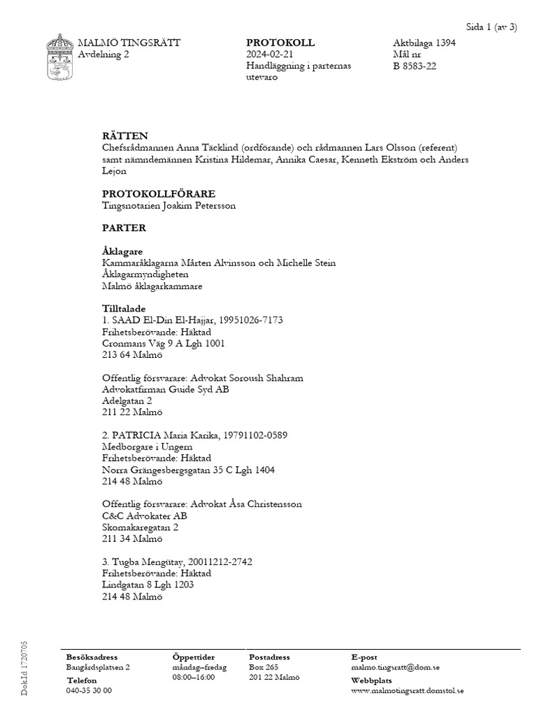 Malmo TR Protokoll 2024-02-21 B 8583-22 | PDF