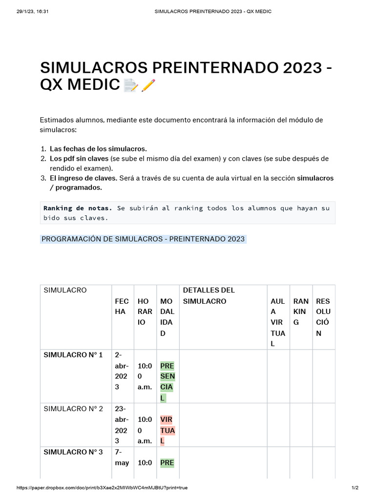 Simulacros Preinternado 2023 - QX Medic | PDF