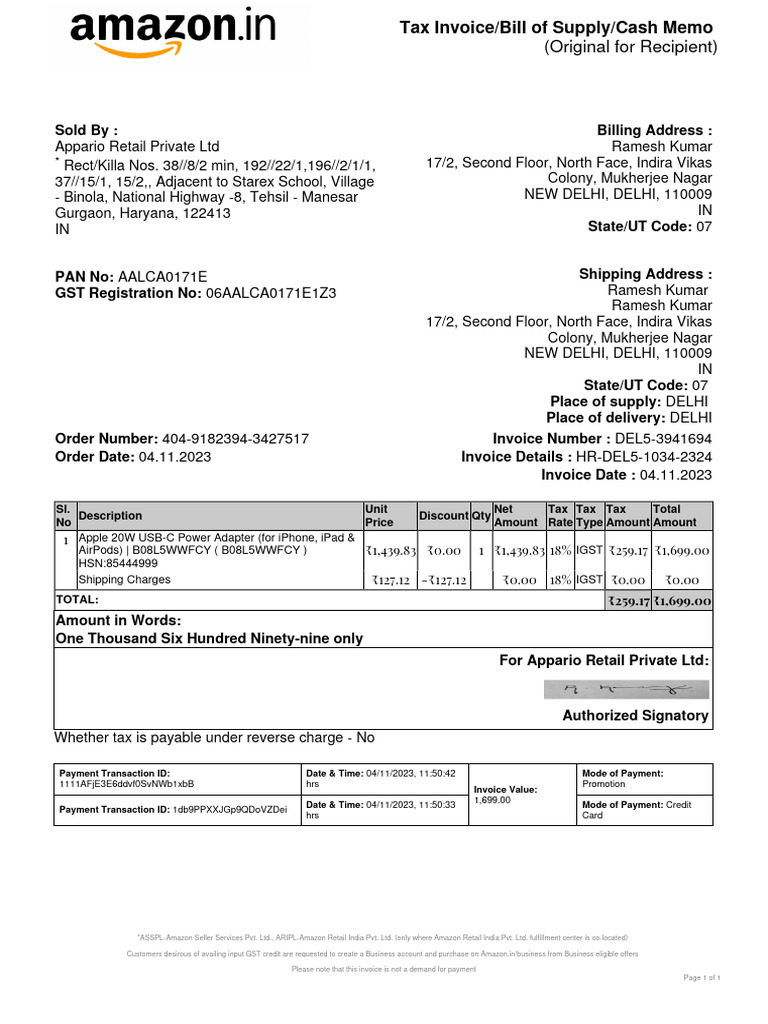 Apple 20w Adaptor (Amazon) Invoice | PDF | Invoice | Payments