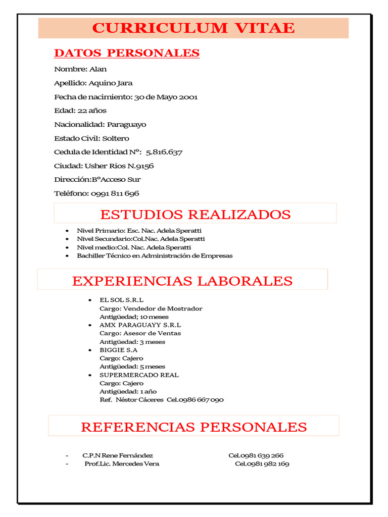 Currículum de Alan Aquino Jara | PDF | Cocina, comidas y vino | Derecho