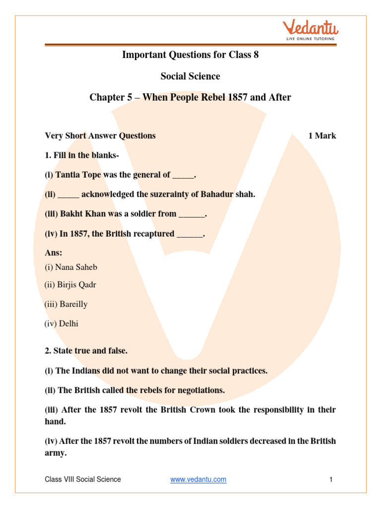 Important Questions Class 8 Social Science Our Pasts 3 Chapter 5 ...