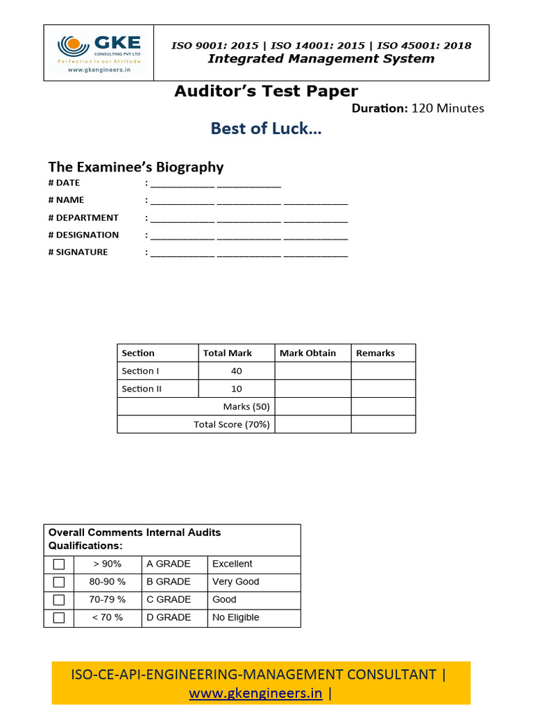 IMS Auditor Test Paper 2023 | PDF | Service Industries | Business Process