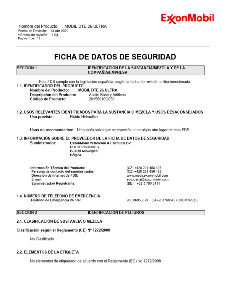 Ficha de Seguridad Mobil DTE 26 Ultra | PDF | Guante | Agua