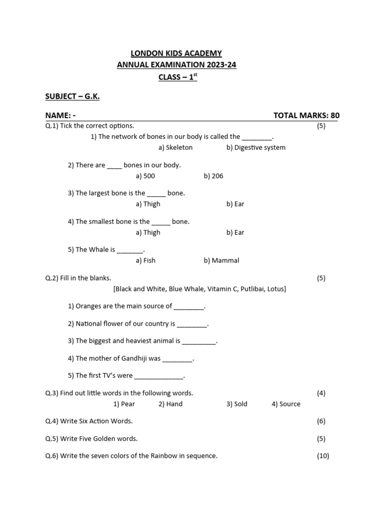 Class 1 GK Annual Exam | PDF