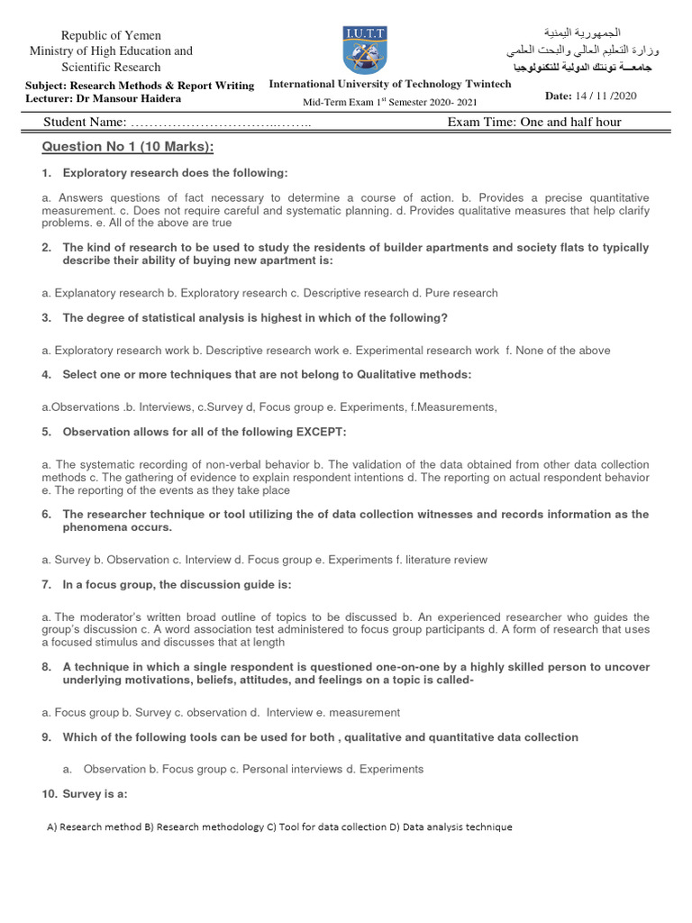 Mid Term Exam RM IUTT 2020 2021 Exam | PDF