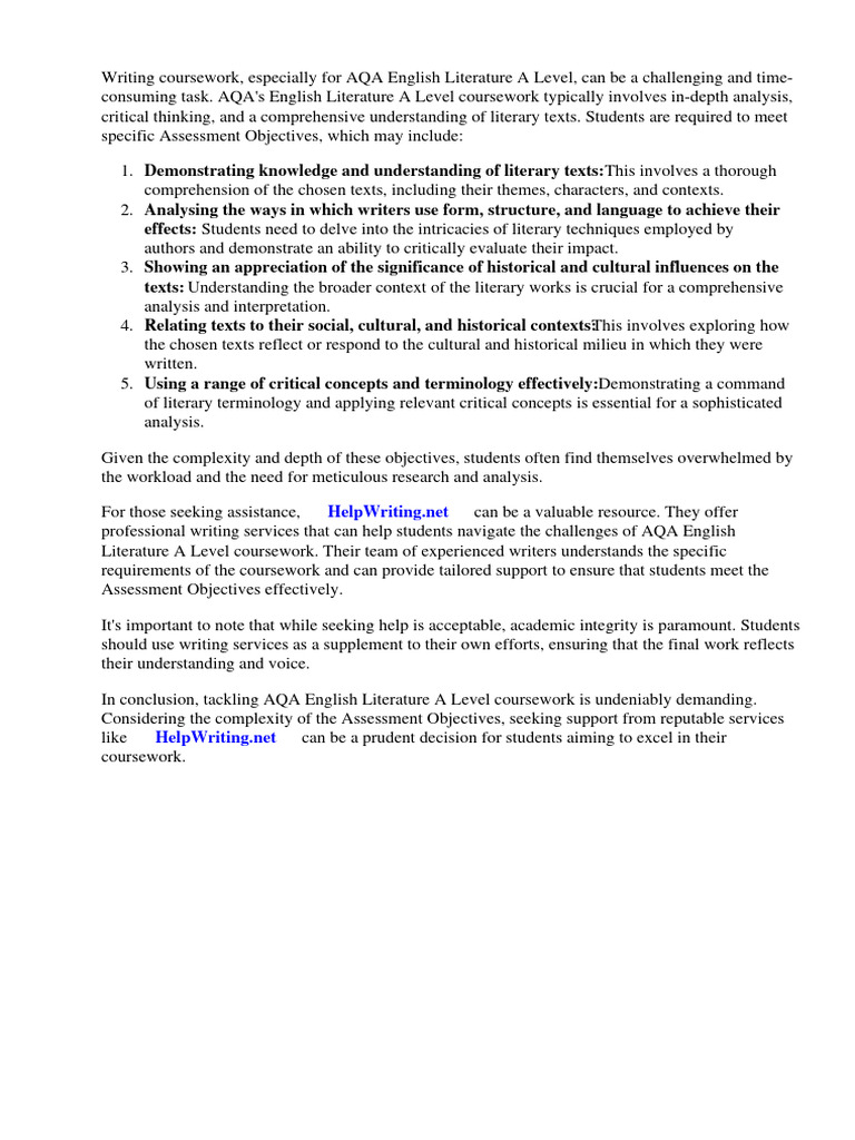 Aqa English Literature A Level Coursework Assessment Objectives | PDF ...