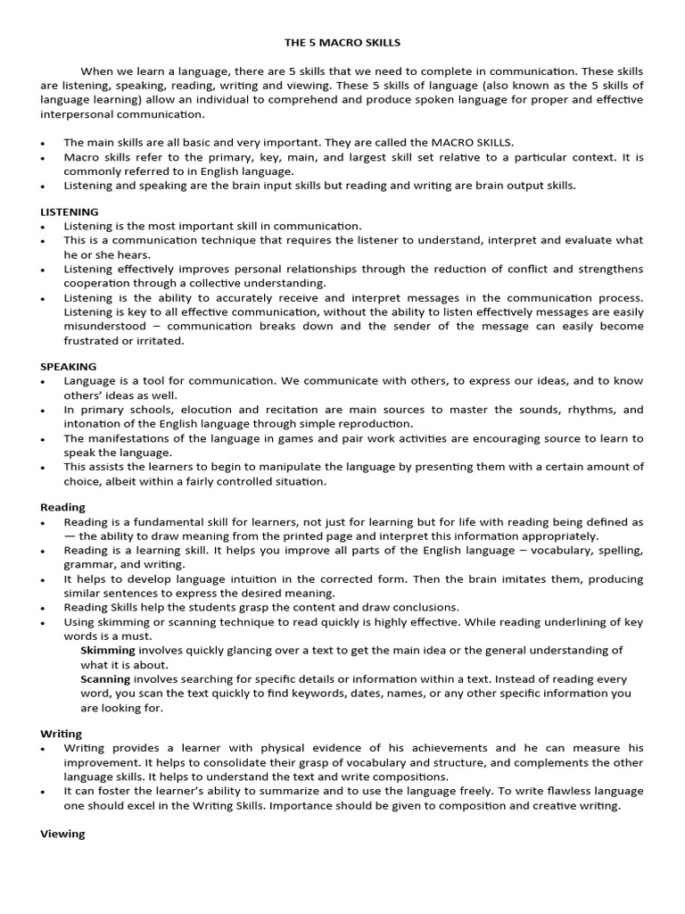 Five Macro Skills Pdf Communication Speed Reading