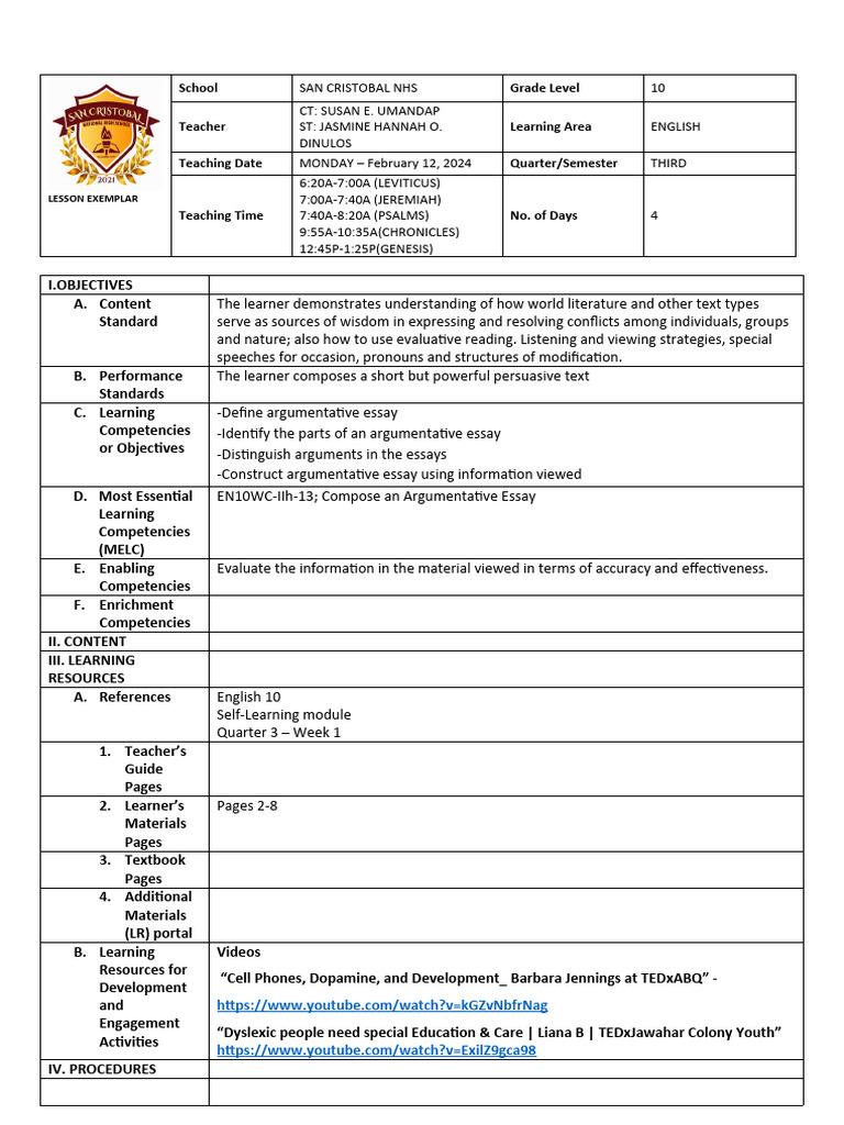 Argumentative Essay Lesson Plan | PDF | Argument | Libraries