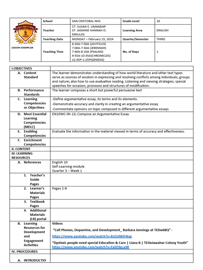 Argumentative Essay Lesson Plan for Grade 10 | PDF | Argument | Essays