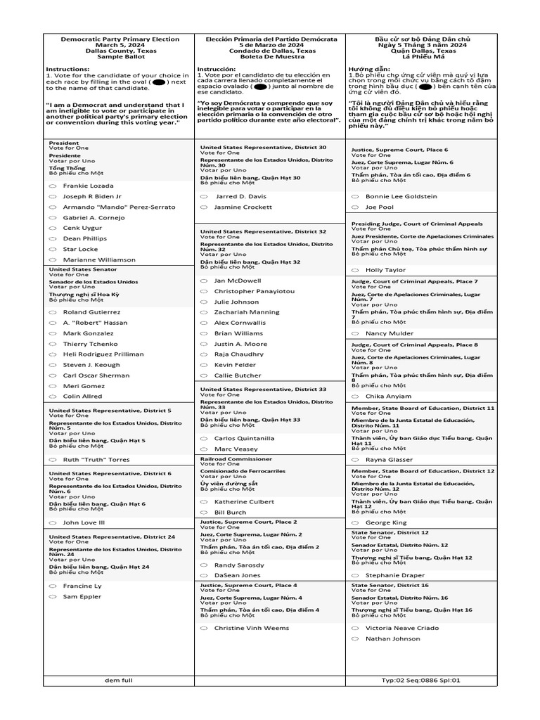 Democratic Party Sample Ballot | PDF