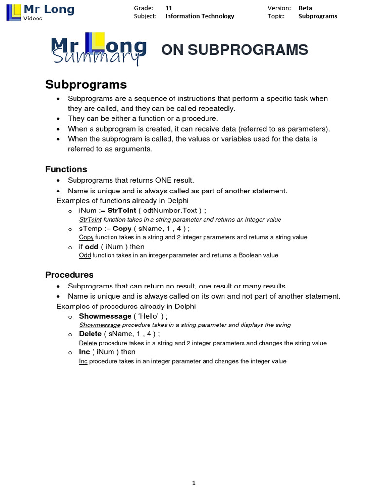 Subprograms Mr Long Summary Pdf Parameter Computer Programming Variable Computer Science
