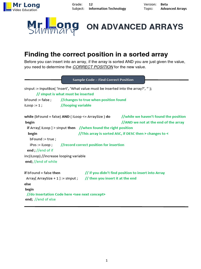 Advanced Arrays MR Long Summary | PDF | Control Flow | String (Computer Science)