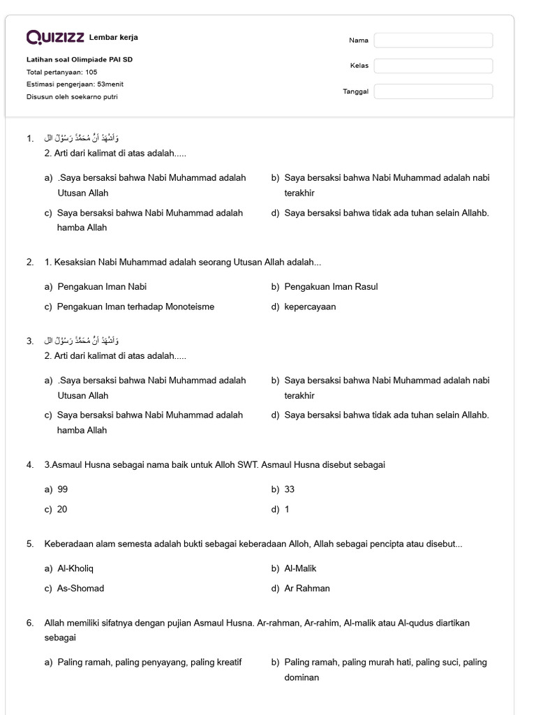 Soal Olimpiade PAI SD 2024 | PDF