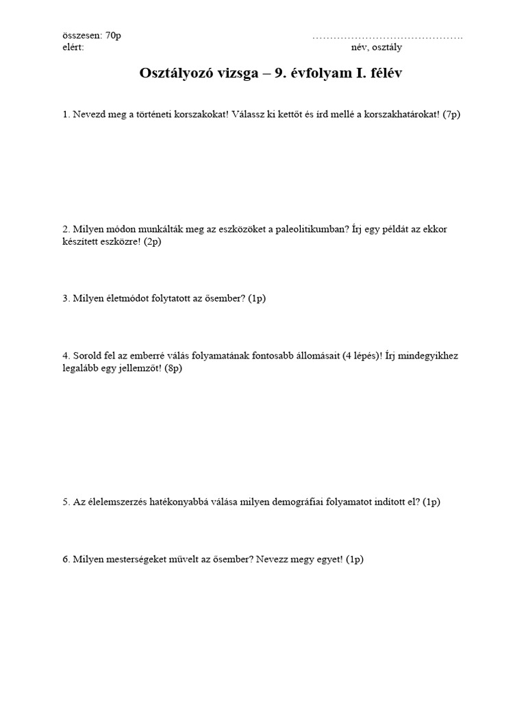 Osztályozó Vizsga - 9. Évfolyam I. Félév | PDF