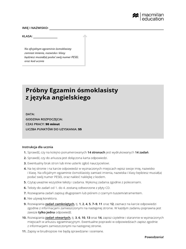Probny Egzamin 8klasisty 2024 Arkusz Edytowalny | PDF