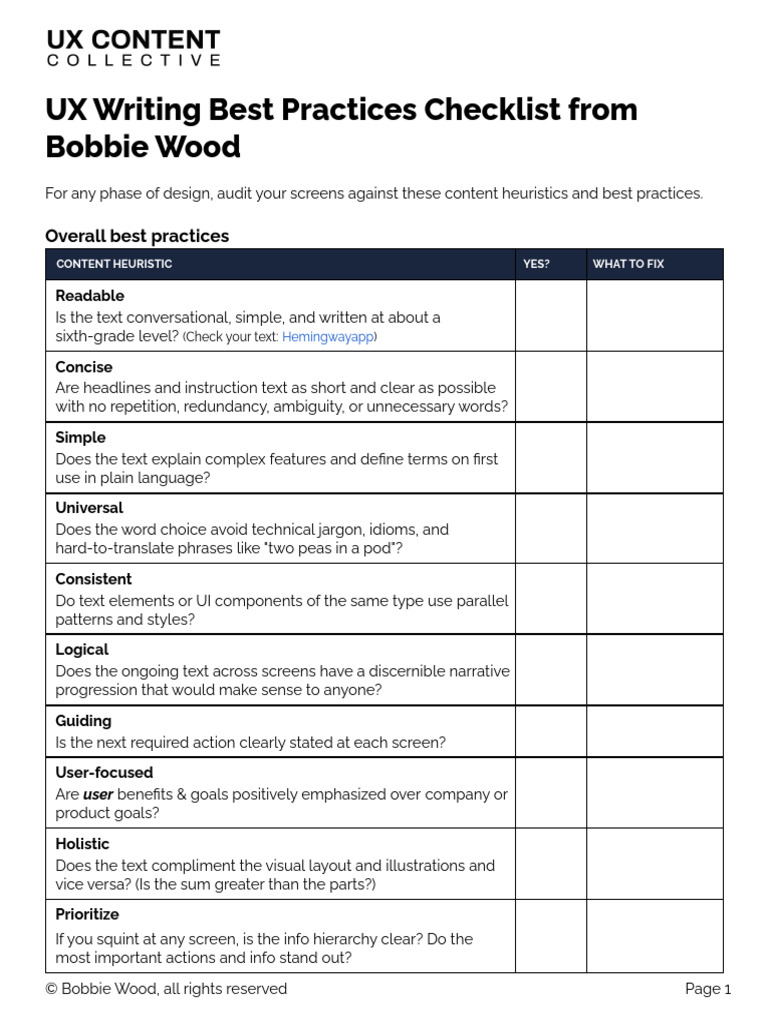 UX Writing Heuristics Checklist | PDF | Human Communication | Cognitive ...