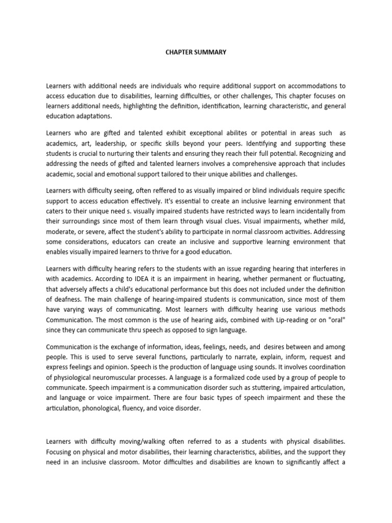 Chapter Summary | PDF | Learning | Disability