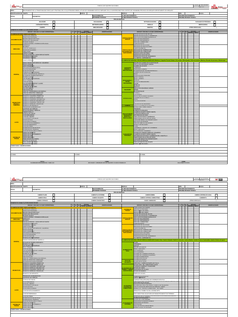 Checklist Vehiculos Cisterna, Volquete, Excavadora, Motonivel, Rodillo (Actualizado) | PDF ...