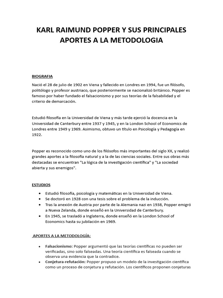 Karl Raimund Popper y Sus Principales Aportes A La Metodologia | PDF ...