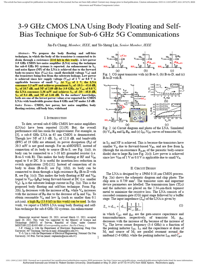 3-9 GHZ Cmos Lna Using Body Floating and Self-Bias Technique For Sub-6 ...