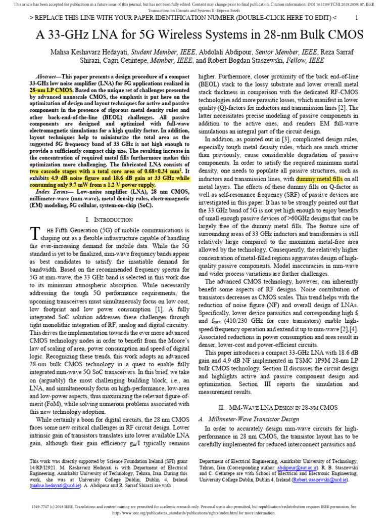 A 33-Ghz Lna For 5G Wireless Systems in 28-Nm Bulk Cmos | PDF | Cmos ...