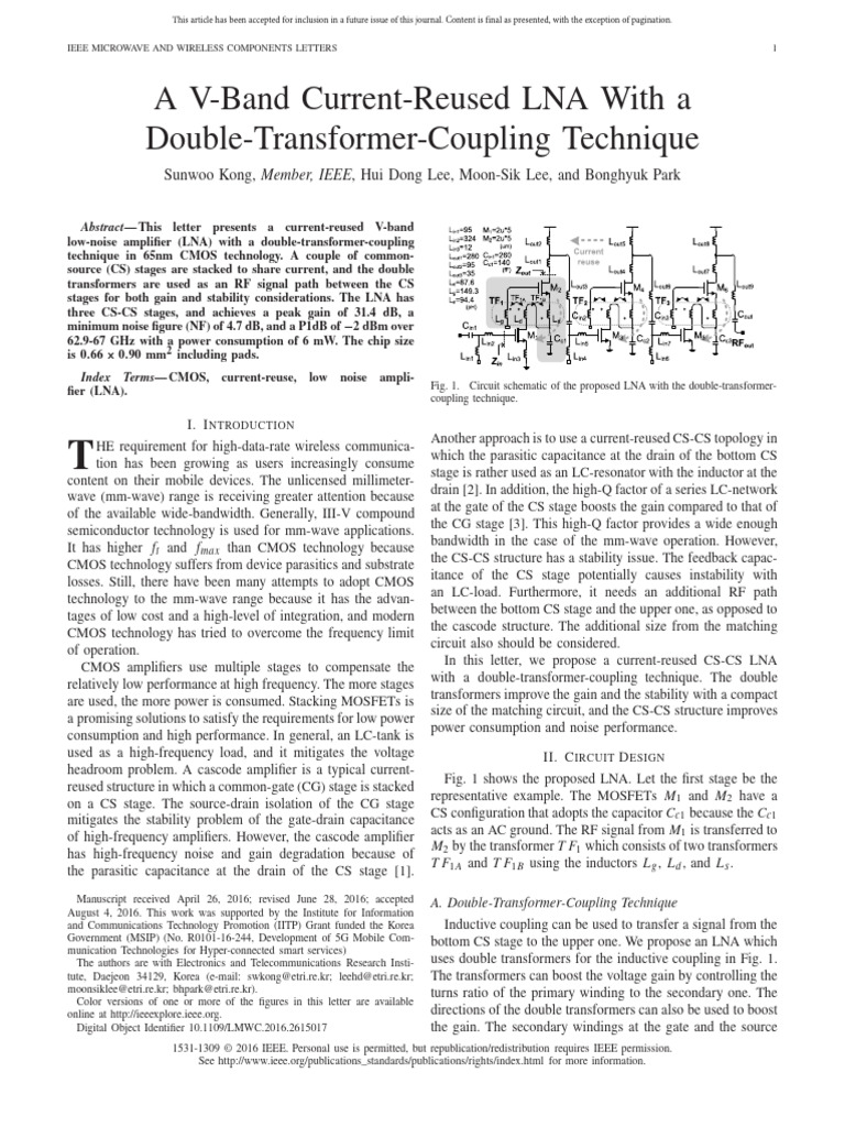 A V-Band Current-Reused LNA With A Double-Transformer-Coupling ...