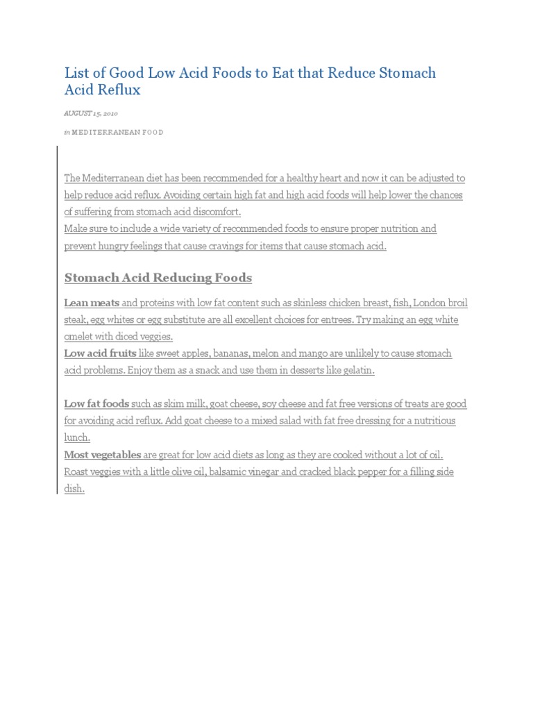 List of Good Low Acid Foods To Eat That Reduce Stomach Acid Reflux ...