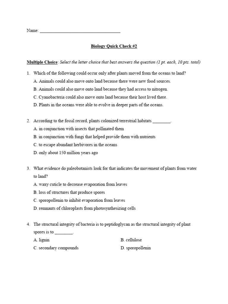 Biology Spring Quick Check #2 | PDF | Plants | Leaf
