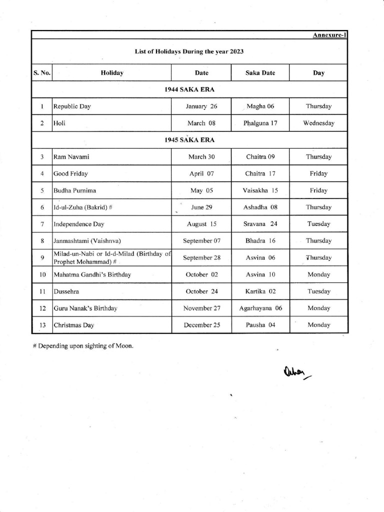 Holiday List 2023 English 2 | PDF