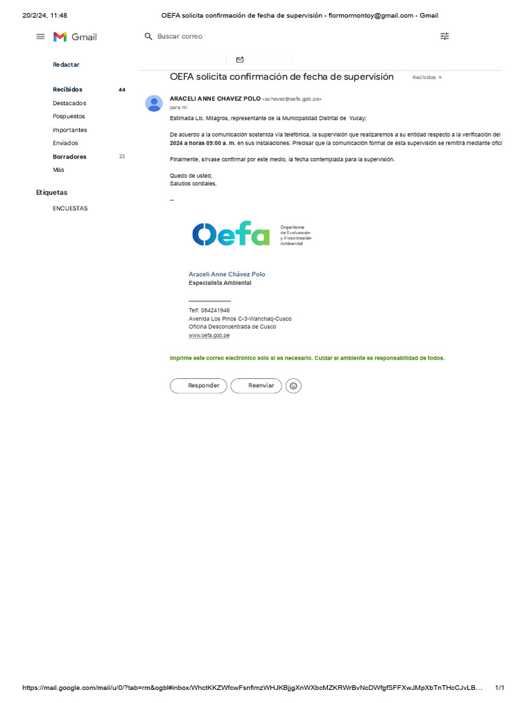 OEFA Solicita Confirmación de Fecha de Supervisión - Flormormontoy@Gmail - Com - Gmail | PDF