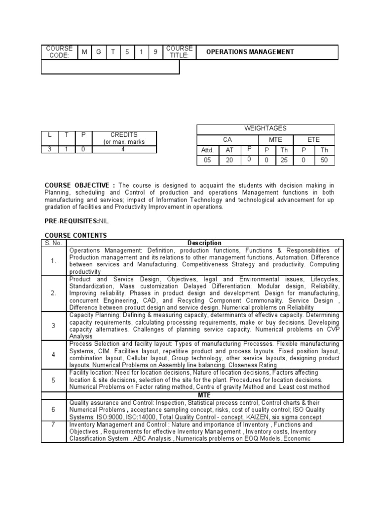 Operations Management Course Overview | PDF | Operations Management ...