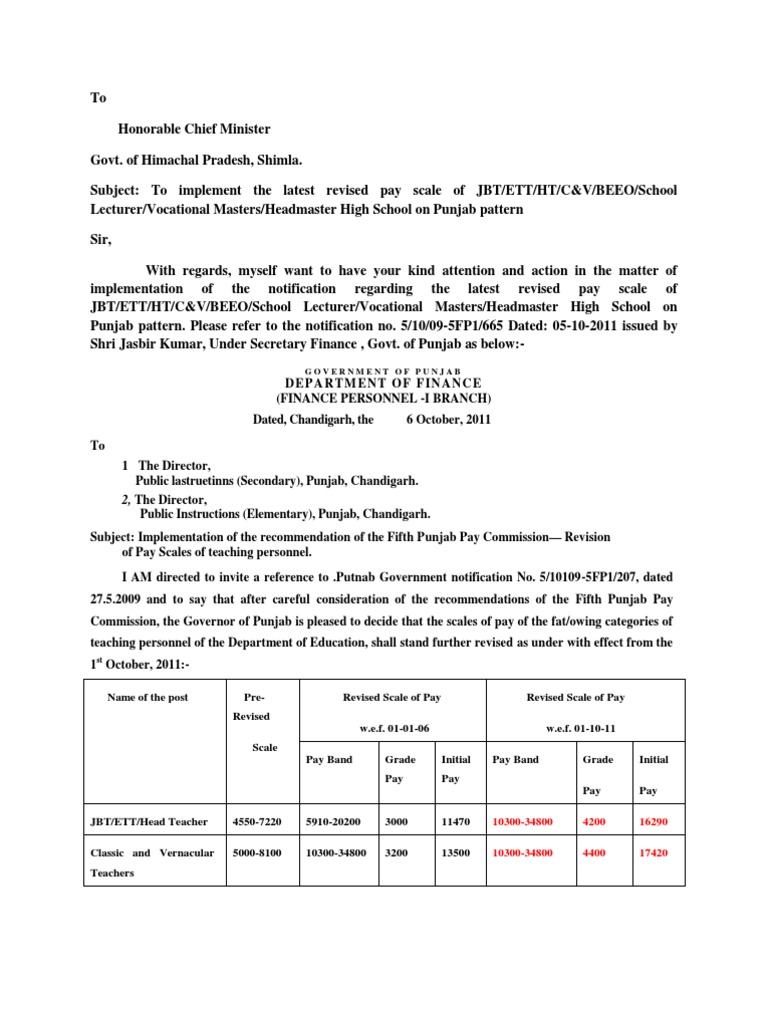 Punjab Implements New Pay Scales in October 2011 - New Notification by Vijay Kumar Heer | PDF ...