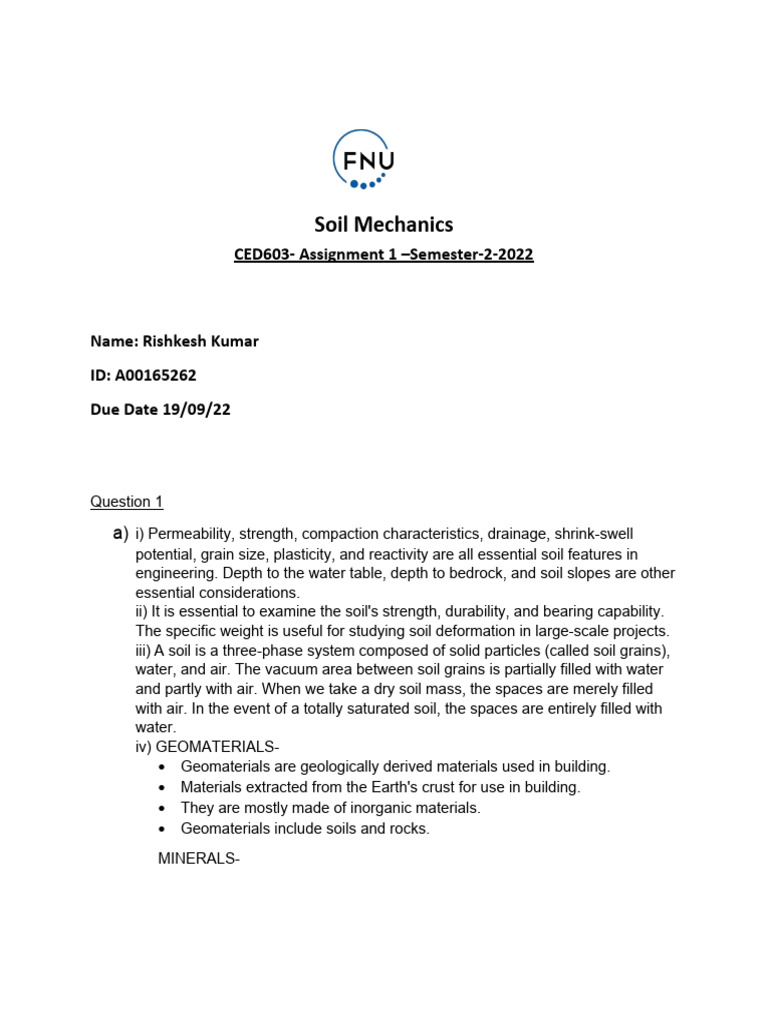 Soil Mechanics Assignment 1 | PDF | Soil | Clay Soil Mechanics Assignment 1 | PDF | Soil | Clay