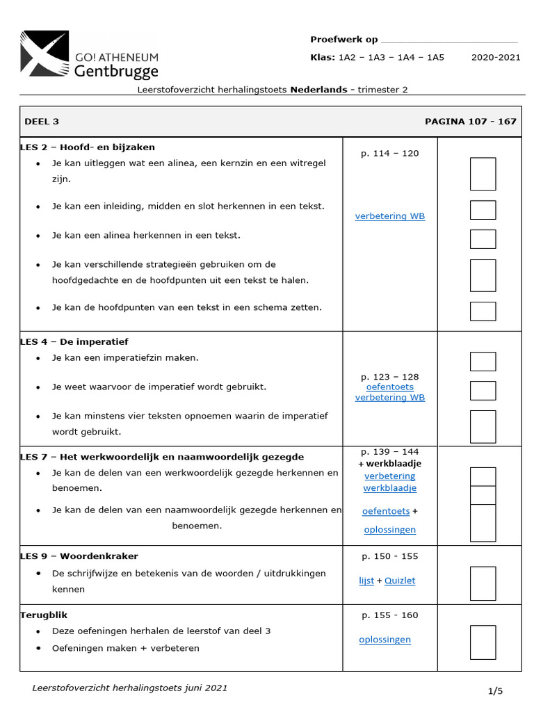 Leerstofoverzicht Examen Nederlands Trimester 2 - 1A2 - 1A3 - 1A4 - 1A5 | PDF