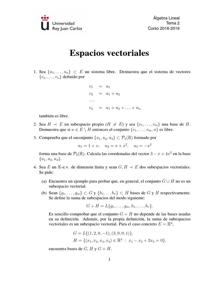 Problemas de Espacios Vectoriales y Bases | PDF | Base (álgebra lineal ...