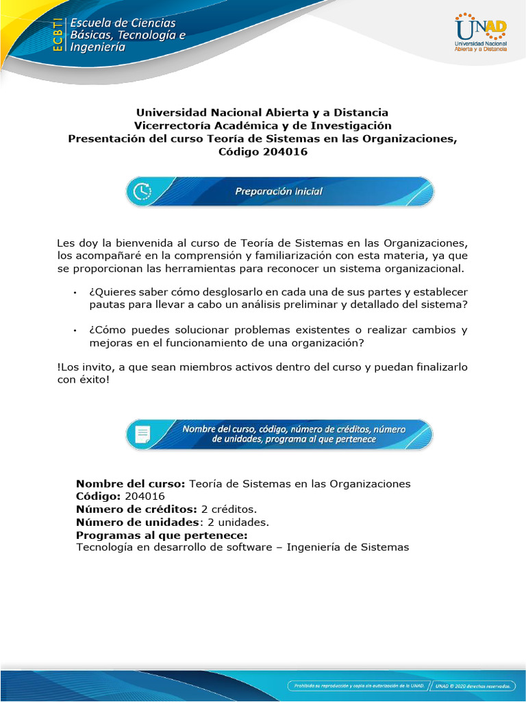 Presentación Del Curso de Teoría de Sistemas en Las Organizaciones - ECBTI | PDF | Evaluación ...