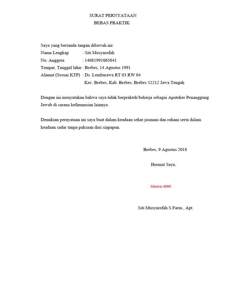 Surat Pernyataan Bebas Praktik | PDF