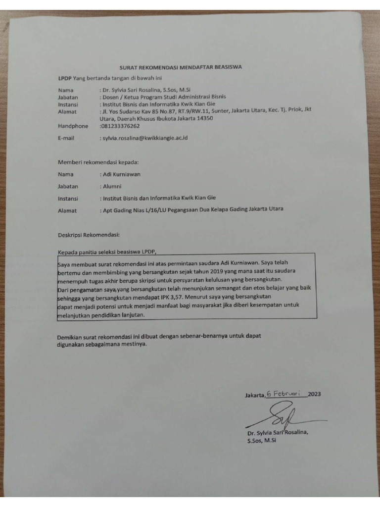 Surat Rekomendasi Mendaftar Beasiswa LPDP | PDF