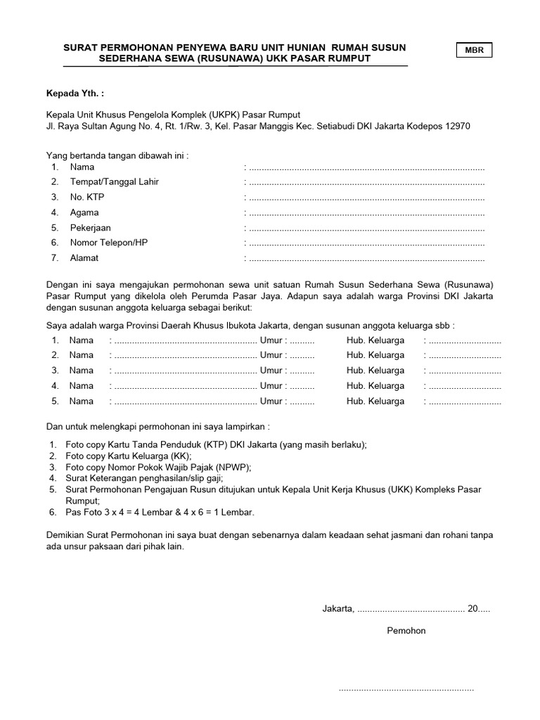 Permohonan Sewa Rusunawa Pasar Rumput | PDF