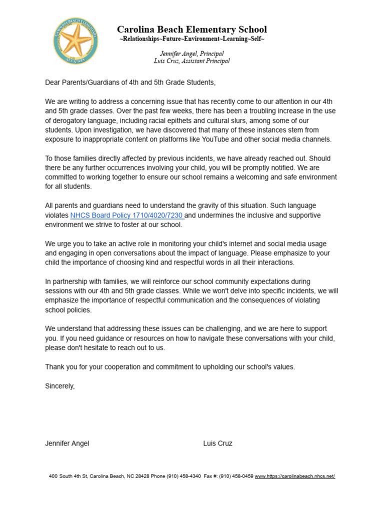 Letter To Parents of G4 and G5 Students at Carolina Beach Elementary ...