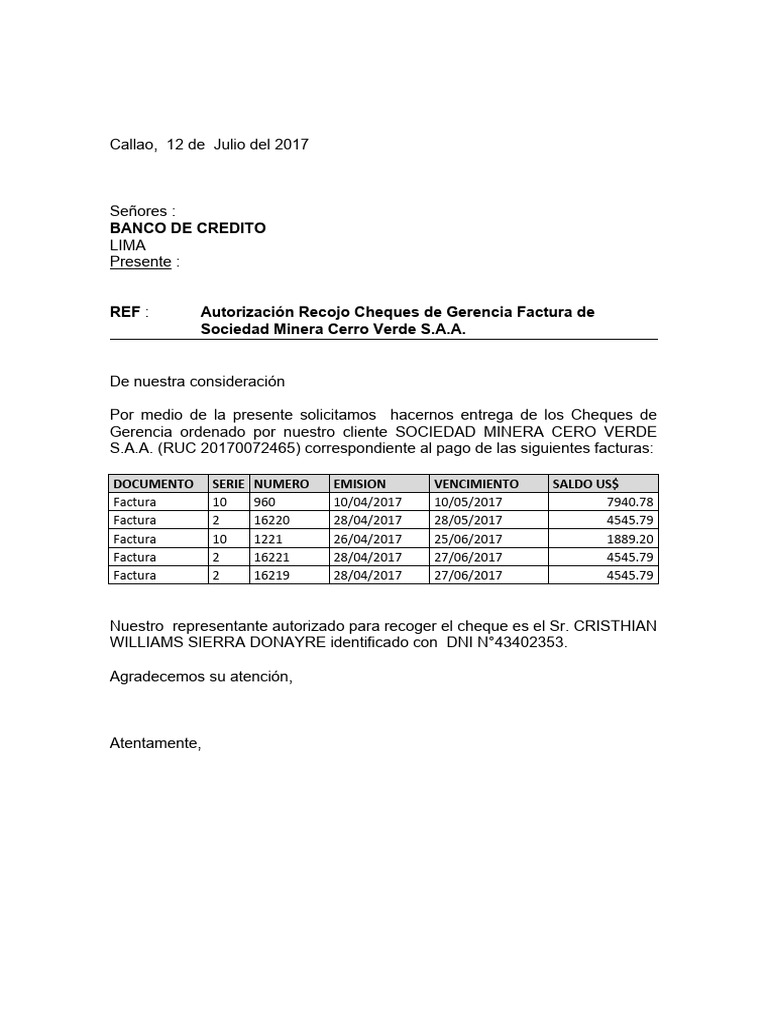 Carta Al BCP Recojo Cheque Gerencia | PDF