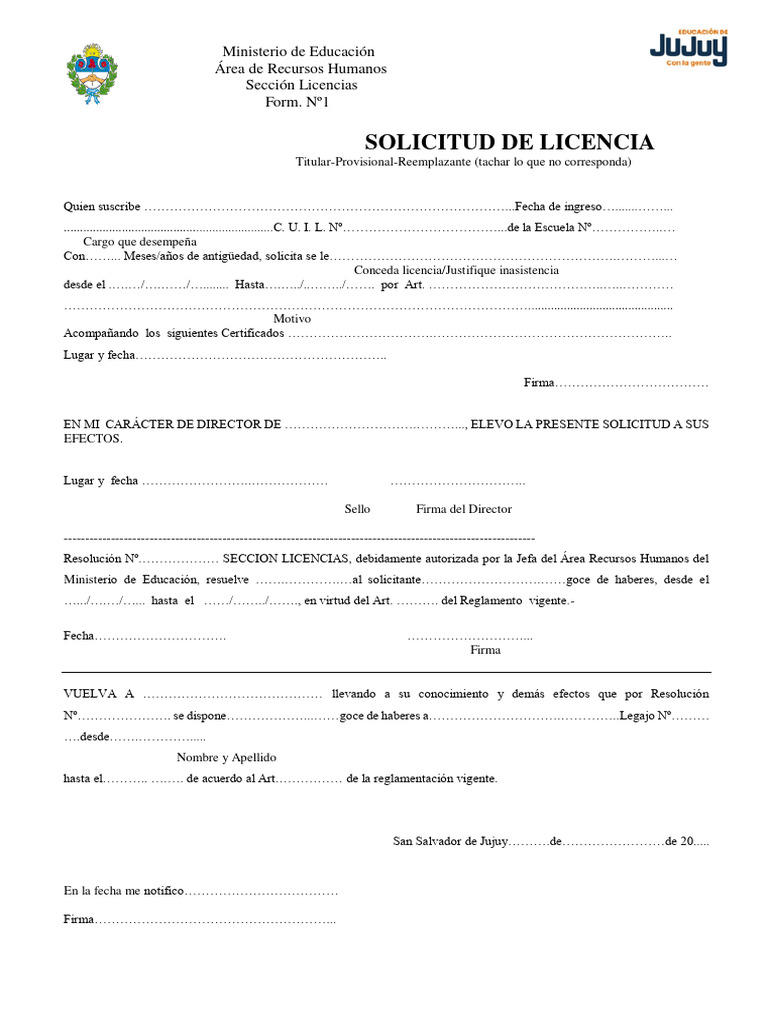 Solicitud - Licencia - Formulario 1 | PDF
