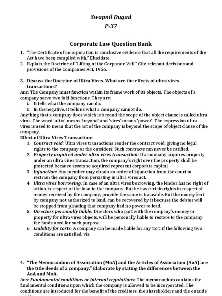 Corporate Law Question Bank | PDF | Board Of Directors | Preferred Stock