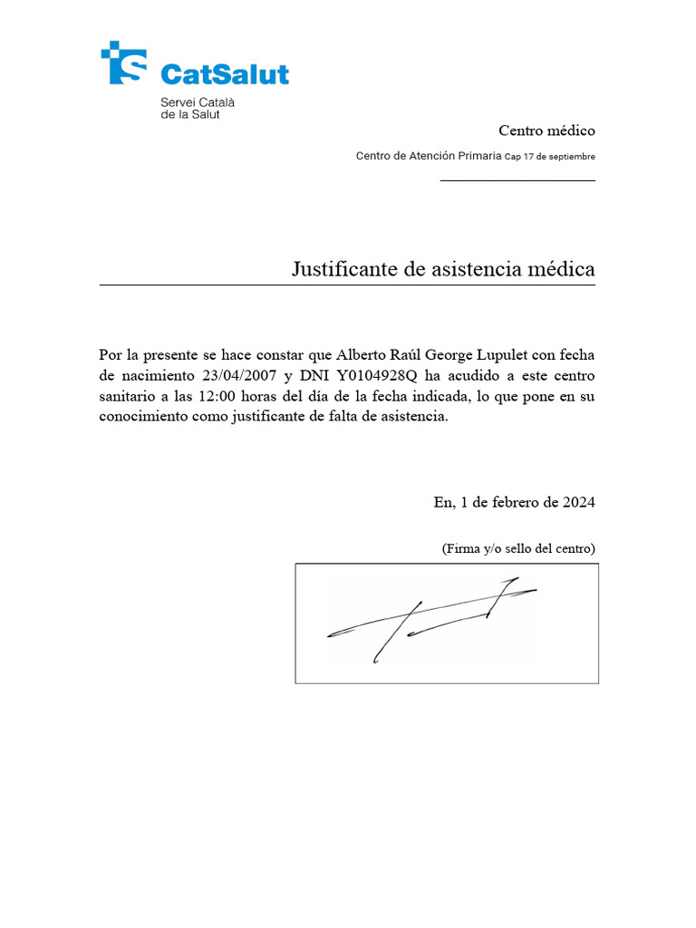 Plantilla Justificante Medico Barcelona | PDF