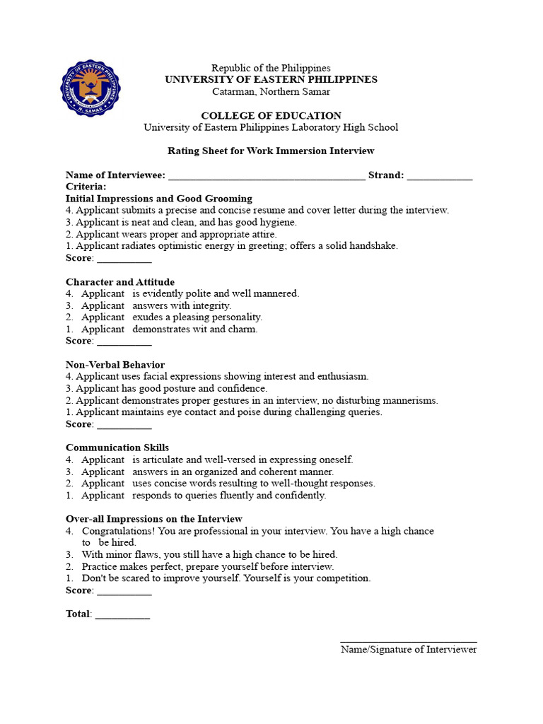 Rating Sheet For Work Immersion | PDF